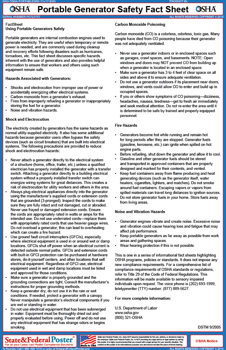 OSHA Portable Generator Safety Fact Sheet — State and Federal Poster