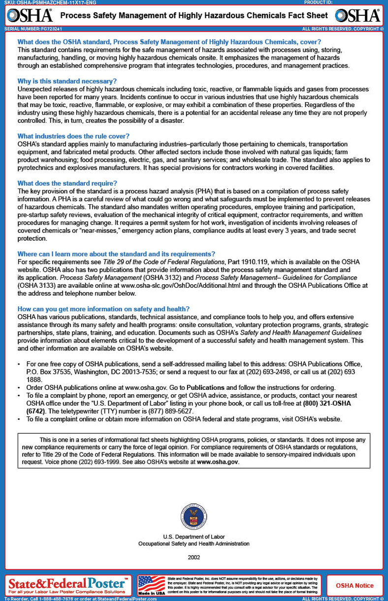 OSHA Process Safety Management of Highly Hazardous Chemicals Fact Shee ...