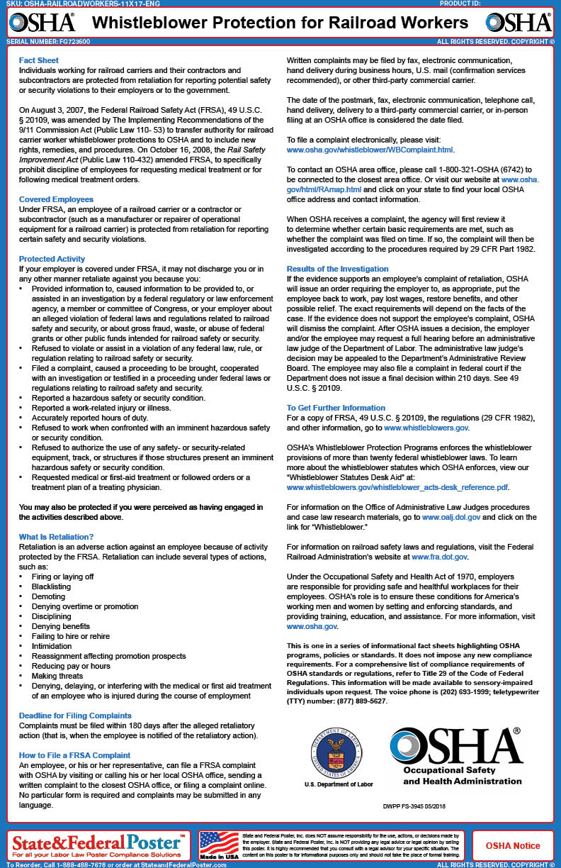 OSHA Whistleblower Protection for Railroad Workers Fact Sheet — State ...
