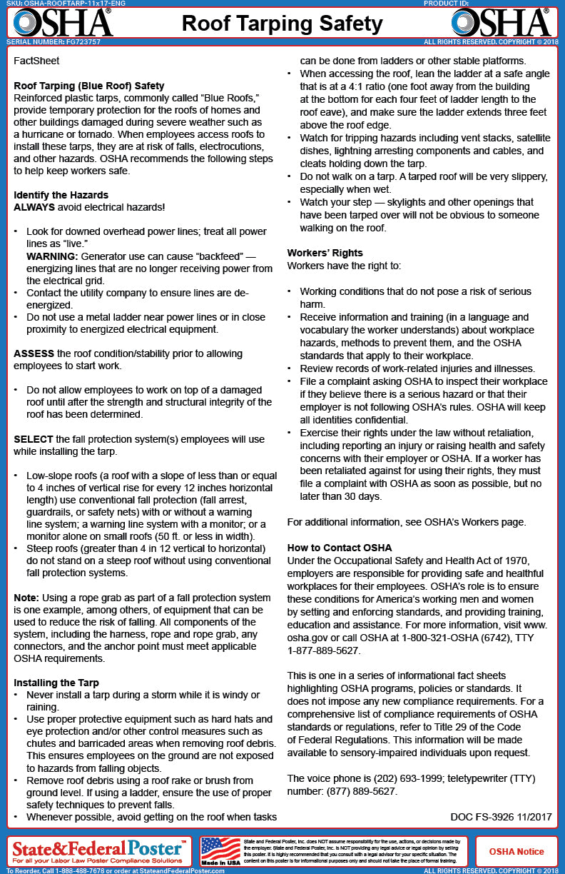 OSHA Roof Tarping Safety Fact Sheet — State and Federal Poster