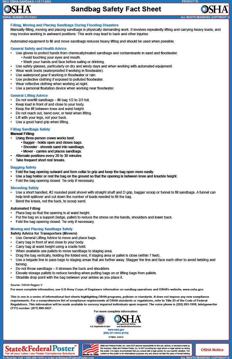 OSHA Sandbag Safety Fact Sheet — State and Federal Poster