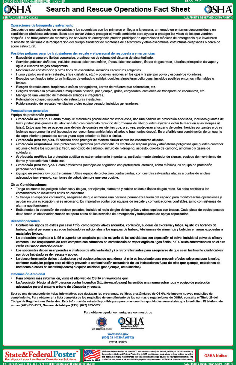 OSHA Search and Rescue Operations Fact Sheet — State and Federal Poster