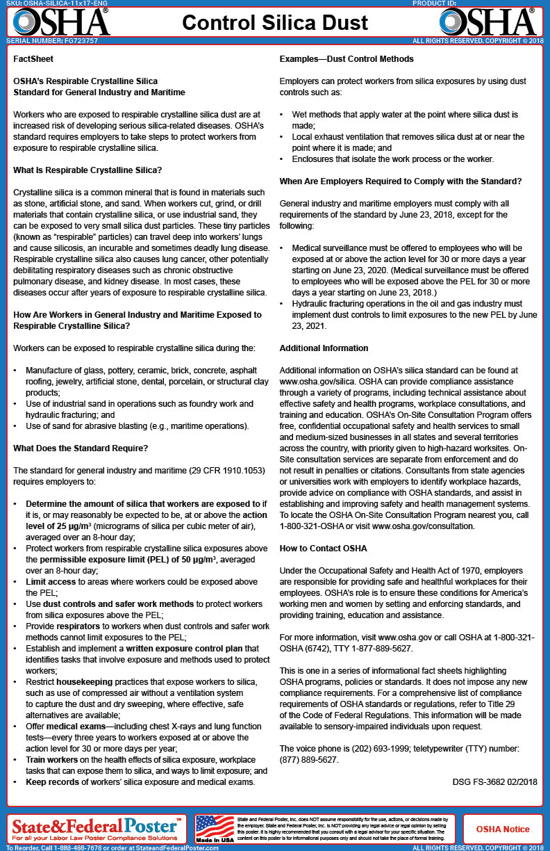 OSHA Control Silica Dust Fact Sheet — State and Federal Poster