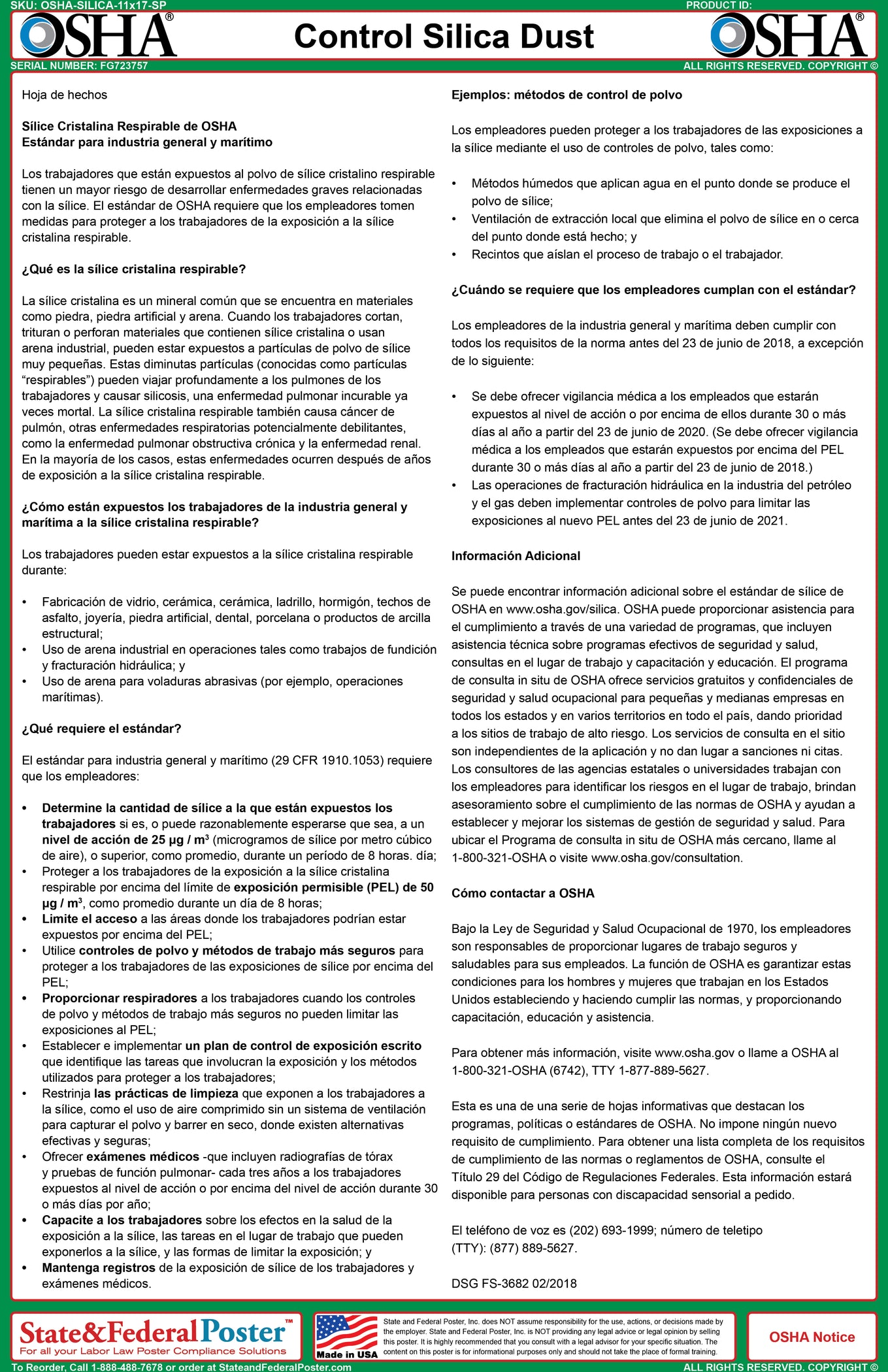 OSHA Control Silica Dust Fact Sheet — State and Federal Poster