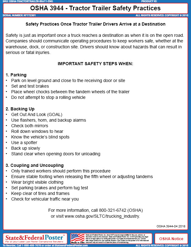 OSHA Tractor Trailer Safety Practices Fact Sheet — State and Federal Poster