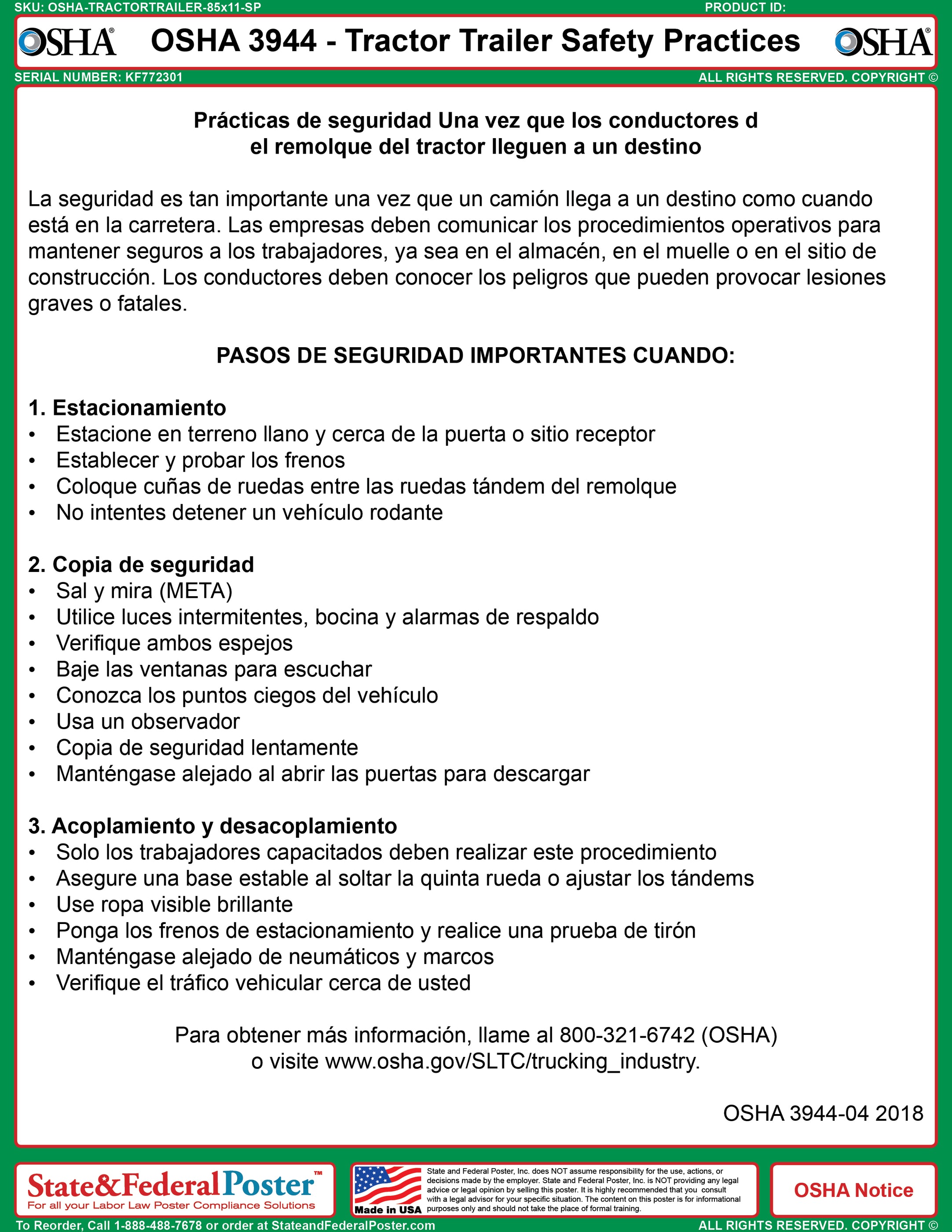 OSHA Tractor Trailer Safety Practices Fact Sheet — State and Federal Poster