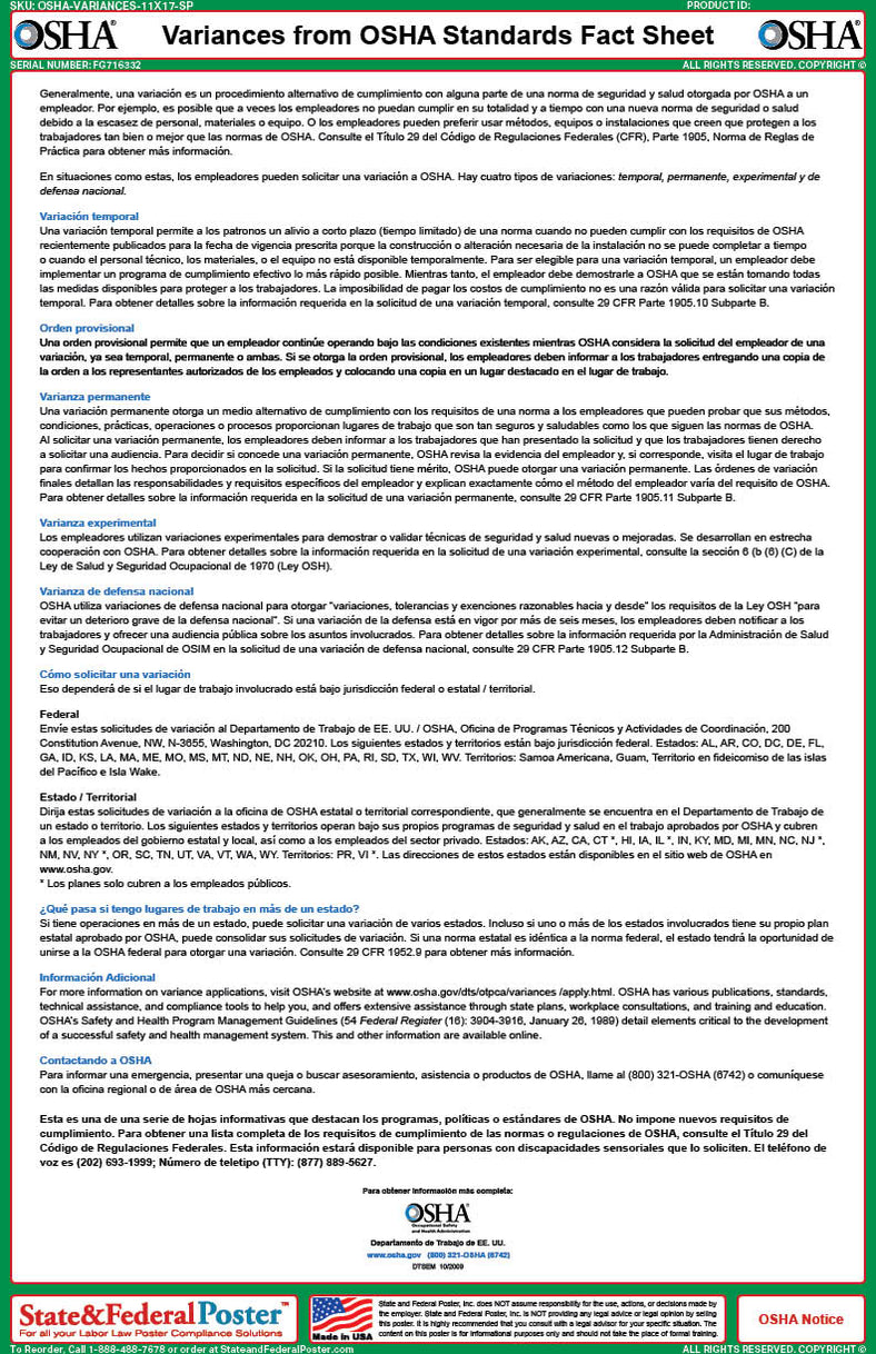 OSHA Variances from OSHA Standards Fact Sheet — State and Federal Poster