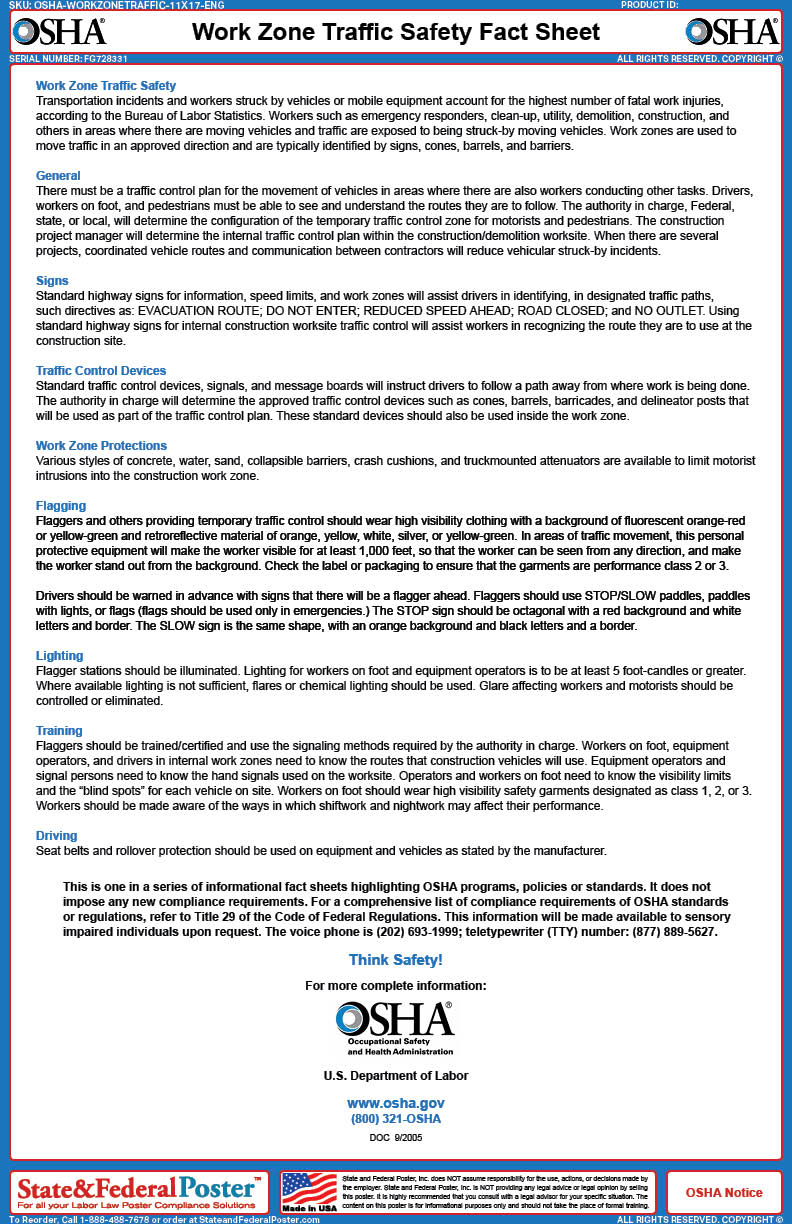 OSHA Work Zone Traffic Safety Fact Sheet — State and Federal Poster