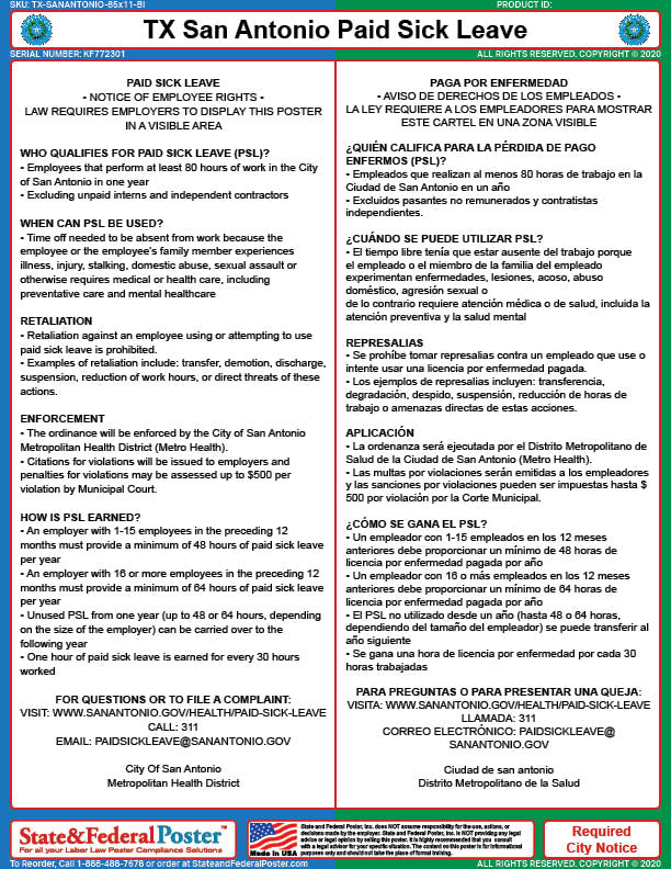 San Antonio, Texas Paid Sick Leave Poster (Bilingual) — State and ...