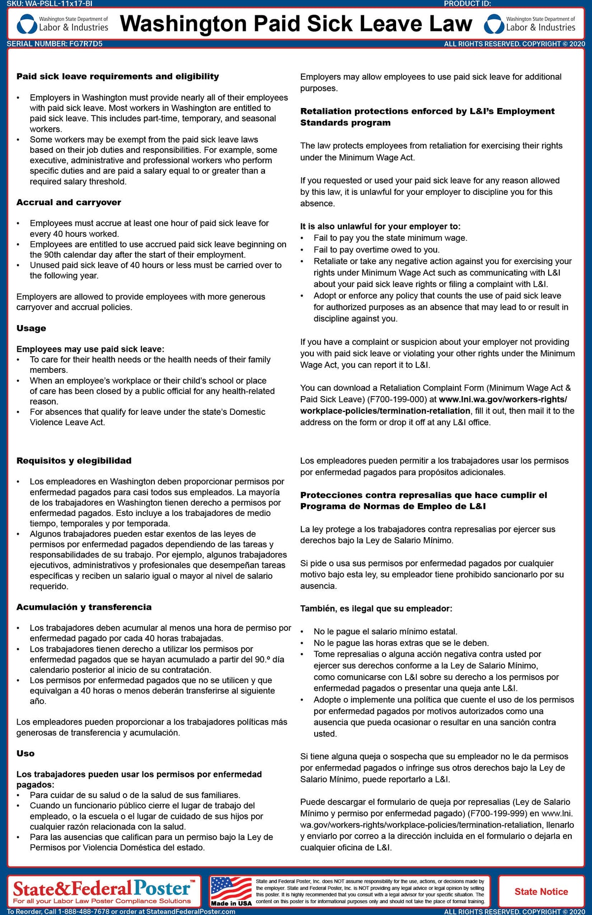 Washington Paid Sick Leave Poster (Bilingual) — State and Federal Poster