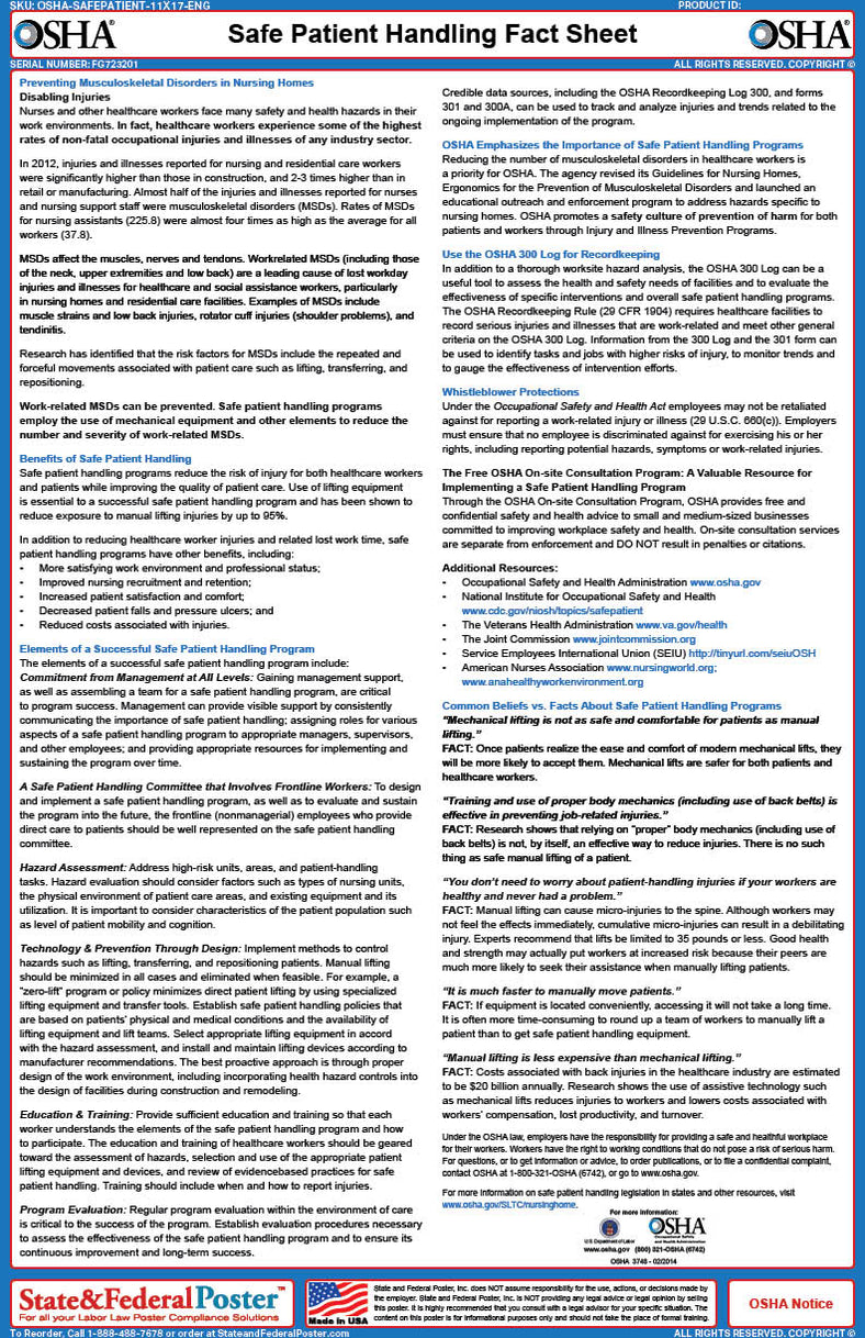 OSHA Safe Patient Handling Fact Sheet — State and Federal Poster